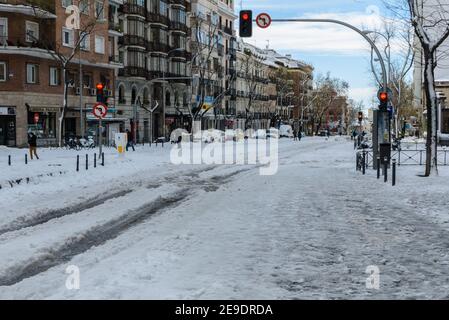 Spain, Madrid; January 9 2021: Snow storm "Filomena" in the Madrid down ...