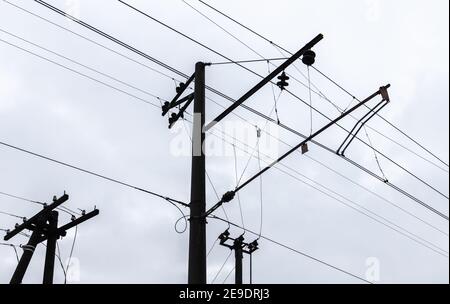 Railway electrification system. Overhead line wire over rail track ...