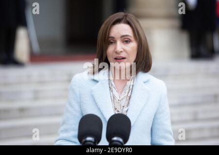 Moldova's President Maia Sandu speaks to the media after the ...