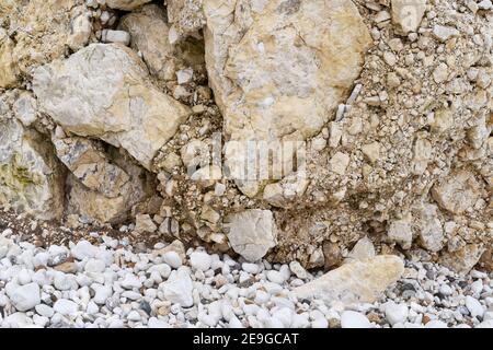 View of chalk and flint deposits below cliffs,Buckton,Yorkshire,UK ...