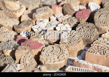 Carved wood henna stamps for sale in market, Ahmedabad, Gujarat, India ...