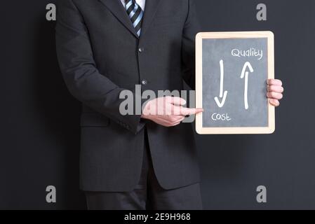 Businessman holding a chalkboard with two arrows with cost and quality ...
