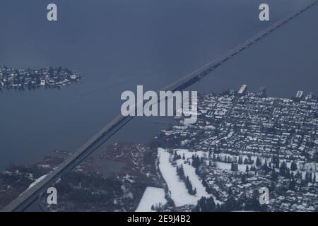 Aerial view of the Evergreen Point Floating Bridge over Lake Washington ...