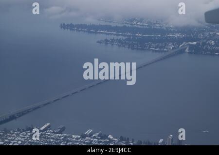 Aerial view of the Evergreen Point Floating Bridge over Lake Washington ...