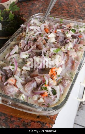 Traditional Peruvian food called Ceviche, made from fish, seen from ...