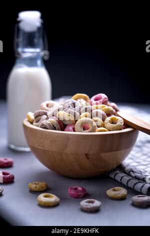 Closeup shot of colorful round cereals on the bowl Stock Photo - Alamy