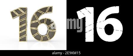 Golden number sixteen on white background with drop shadow and alpha ...