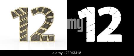 Gold number 12 (number twelve) with perforated black metal background ...