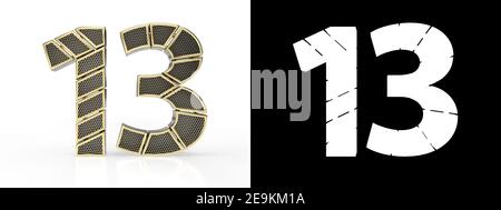 Gold number 13 (number thirteen) with perforated black metal background ...