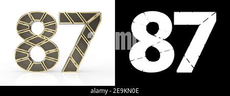 Gold number 87 (number eighty-seven) with laurel branch with alpha channel. 3D illustration ...