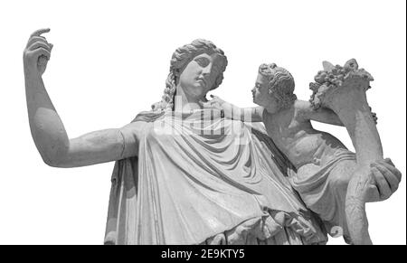 Antique statue of Eirene with the infant Ploutos isolated on white ...