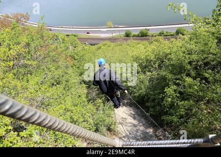 Man doing the Mittelrhein via ferrata near Boppard, Rhineland ...