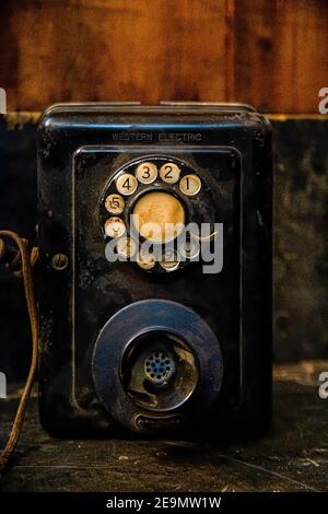 Old dirty black telephone cord (vintage), isolated and selective focus ...
