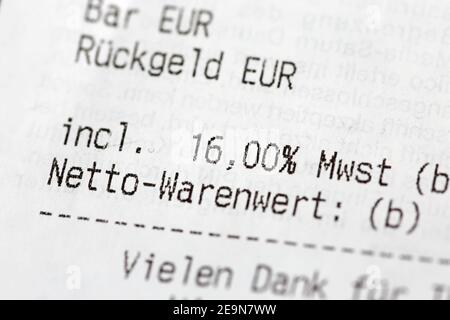 Close up of cash register receipt with sixteen percent VAT (Germany ...
