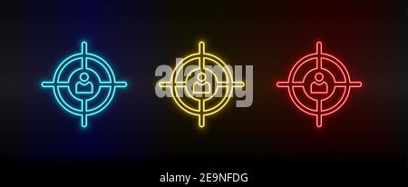 Neon aim icon. Glowing neon target sign, outline crosshair silhouette ...