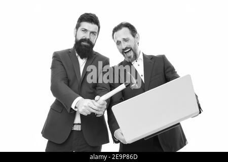 Password hack. Businessmen break or hack computer. Hackers hold laptop ...