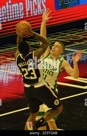 Boston Celtics guard Payton Pritchard (11) looks to get around New York ...