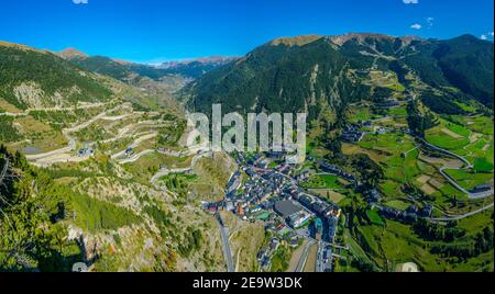 Aerial view of Canillo town viewed from Roc del Quer viewpoint at ...