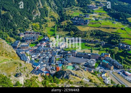 Aerial view of Canillo town viewed from Roc del Quer viewpoint at ...