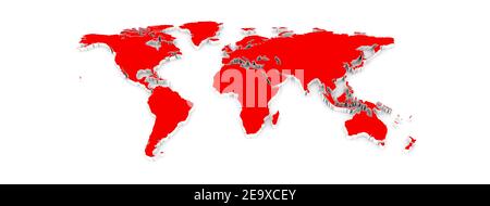Red world map on white wall background. 3D illustration. Horizontal ...