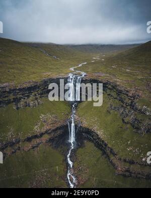 Aerial view of Fossa double-tiered waterfall, Faroe Islands Stock Photo ...