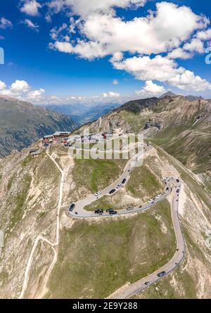 Aerial drone shot of Grossglockner mountain range valley in summer in ...