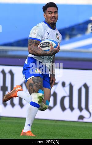 Monty Ioane of, Italy. , . Italy v France, Rugby, Six nation (Photo by ...