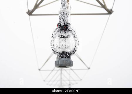 detail of irrigation sprinkler with snow and fog Stock Photo - Alamy