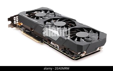 Cooler fan on Gpu graphics video card, close-up in vivid red light, PC ...