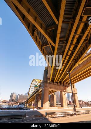 The underside of the Fort Pitt bridge that carries State Route 376 from ...