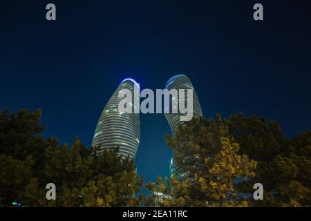 A view of the tall, curvy, modern, blue, glass Northern Lights cluster ...