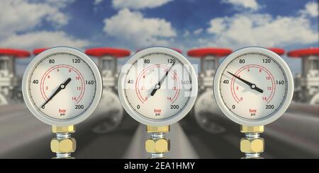 Oil and gas plant pipeline manometers and valves. Pressure measure ...