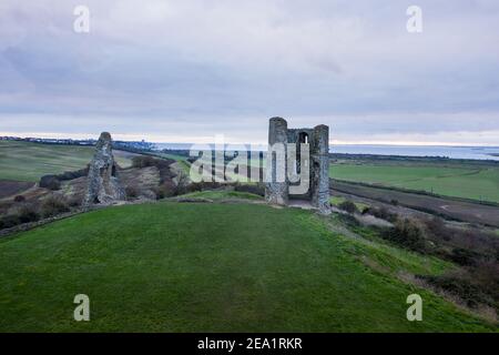 Aerial view of Hadleigh castle at sunrise in Benfleet Essex, UK country ...