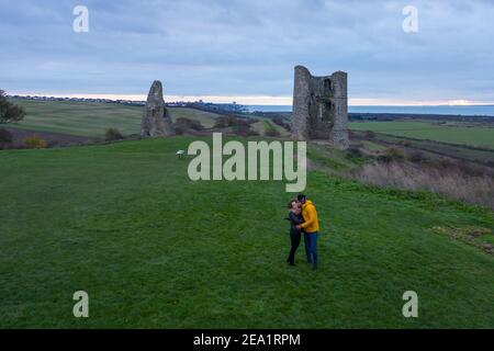 Aerial view of Hadleigh castle at sunrise in Benfleet Essex, UK country ...