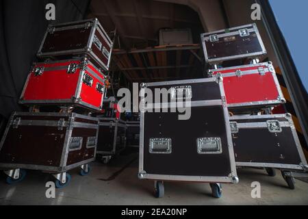 preparation for the concert. Equipment boxes Stock Photo - Alamy