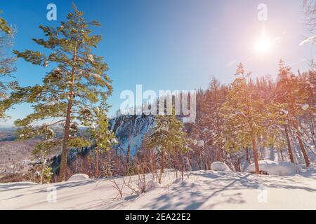 Colorful suny weather in snowy mountains landscape. Spring season ...