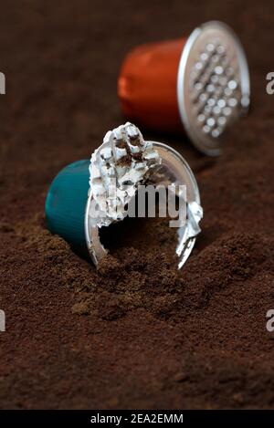 Opened coffee capsule and coffee powder, coffee Stock Photo - Alamy