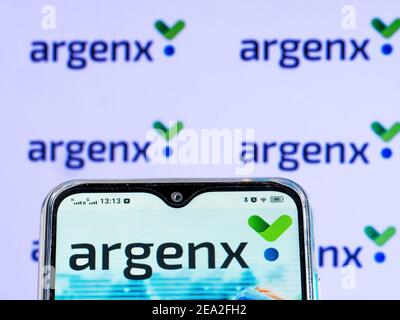 In this photo illustration, the logo of argenx is displayed on the ...