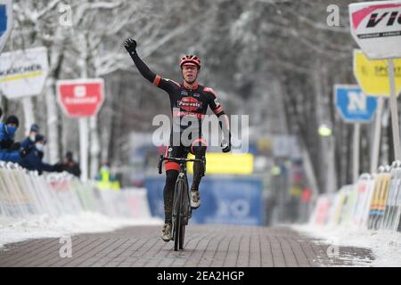 Belgian Laurens Sweeck celebrates as he crosses the finish line to win ...