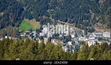 Aerial view of Davos city and lake. Davos is swiss city, famous ...