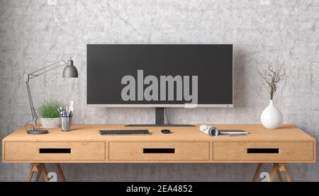 Blank wide screen display mock up. Workplace with the dark wooden desk ...