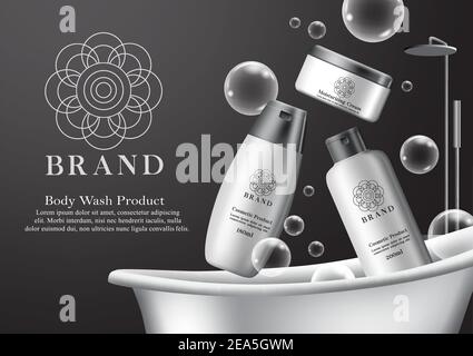 Cosmetic shower products vector banner template. Cosmetics body wash ...