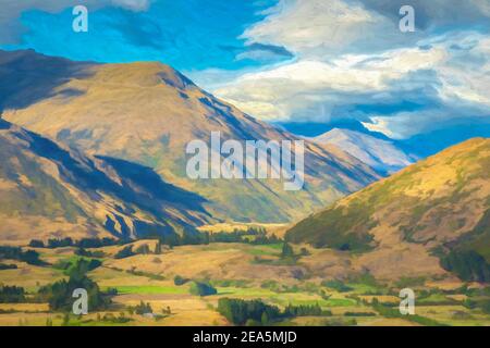 Digital painting of the view from Crown Range Lookout, Otago, New ...