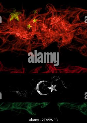 Flags of China, Chinese vs Libya, Libyan. Smoke flag placed side by ...