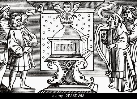 Jewish ceremony before the Holy Ark. Old 19th century engraved ...