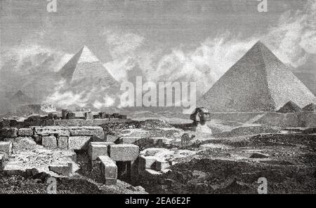 Engraving depicting the Pyramids of Giza. Ancient Egypt History. Old ...