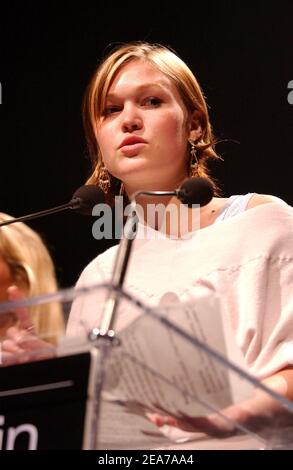 Actress Julia Stiles presents some of the ads of the MoveOn.org Bush in ...