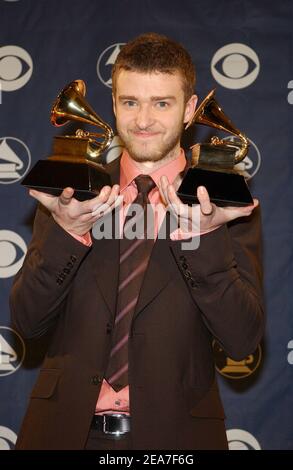 Justin Timberlake poses in the pressroom at the 46th Annual Grammy ...