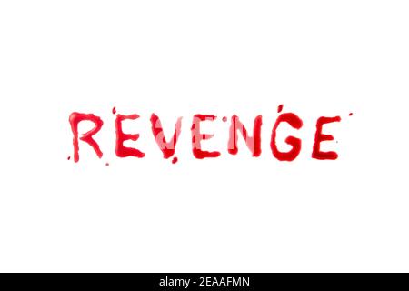 Revenge text written in blood with razor on white background Stock ...