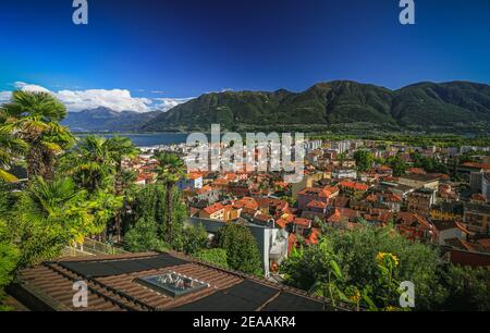 above Locarno city switzerland during summer season with blue sky and ...